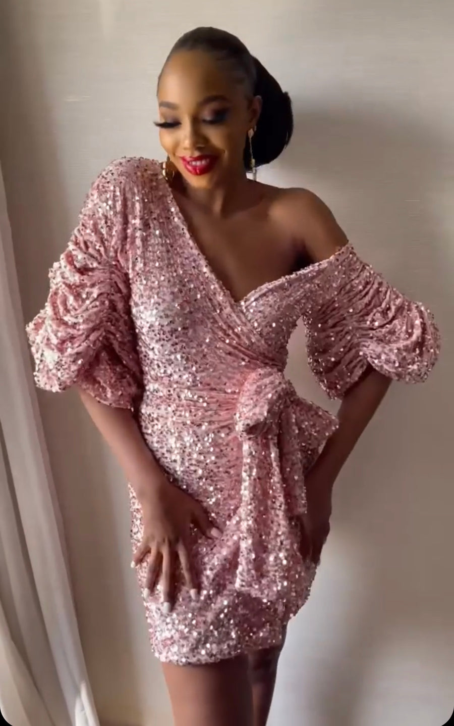 Matopeda Atelier Sharon Pink Sequin Wrap Mini Dress – Fashion Bomb ...